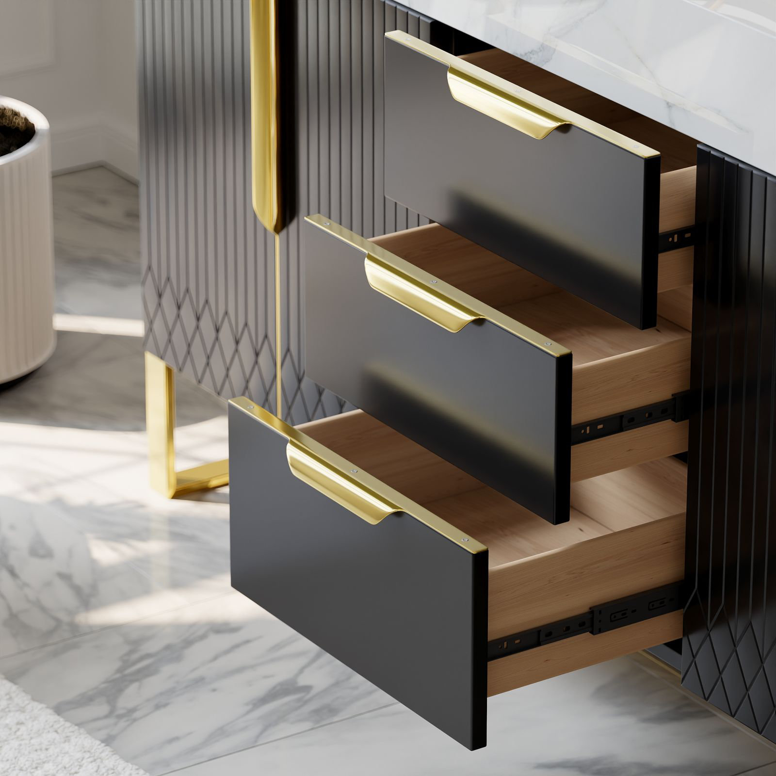 Everly Quinn Aro 59" Double Sink Freestanding Bathroom Vanity Drawers & Doors Faux Marble Top ...